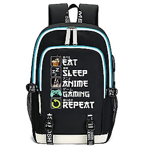 blucagand Eat Sleep Anime Gaming Repeat Backpack Canvas Capacity Backpack Laptop Backpack Travel Backpack