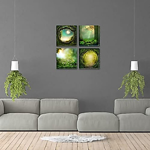 Green Forest Wall Art Prints Funny Wonderland Canvas Paintings 4 Pieces Nature Landscape Pictures Fairyland Artwork for Nursery Living Room Bathroom 12"x12"