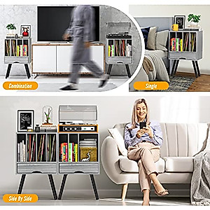 WASAIT Record Player Stand Vinyl Record Storage Table with Drawer Record Display Turntable Stand with Wood Legs 3-Tiers Vinyl Holder Cabinet for Living Room Bedroom Grey