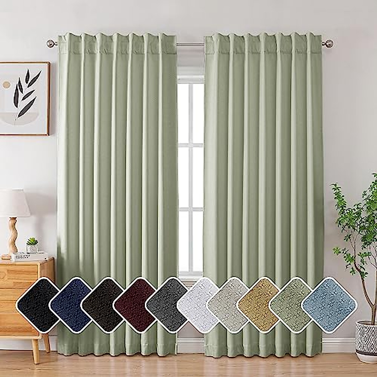 OVZME 100% Blackout Window Panels for Living Room, Keep Warm Light Green Blackout Curtains Energy Saving Full Light Blocking Thermal Insulated Curtains, Back Tab & Rod Pocket (W52 x L84)