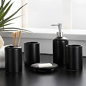Willow&Ivory Bathroom Accessories Set | 5 Piece, Matte Black Ceramic Bath Set | Toothbrush Holder, Soap Dispenser, Soap Dish, 2 Tumblers | Midnight Collection