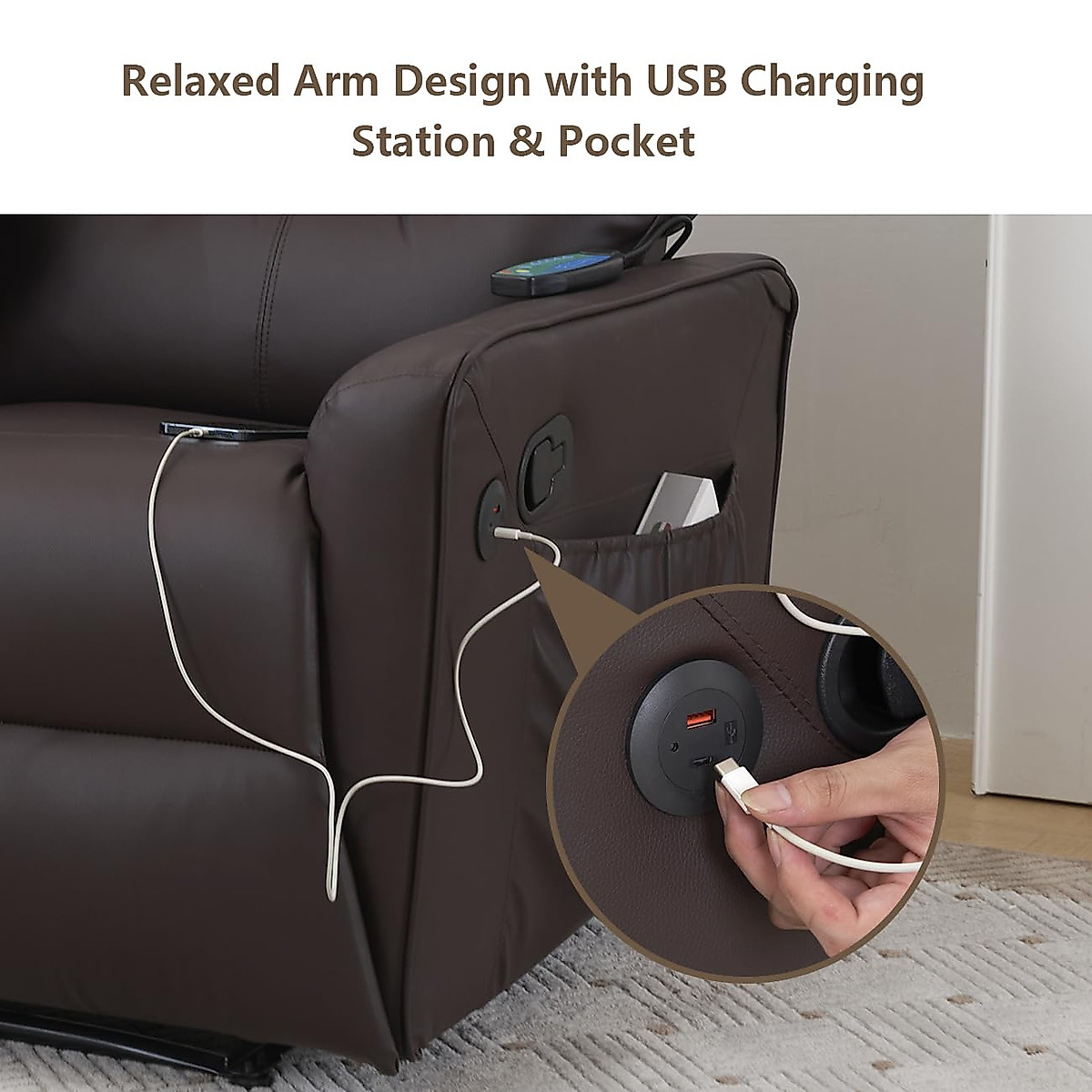 RVEE RV Loveseat Console Theater Seating 2 Seater Powered Recliner Double Sofa with USB Charging Station Massage Heat Chair RV Furniture Faux Leather Brown (2 Seater)