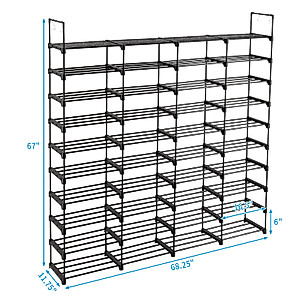 10-Tier Tall Shoe Rack - Free Standing Shoe Shelf Organizer - Large Metal Closet Organizers and Storage Shelves - Stackable Shoe Stand with Hooks for Bedroom Entryway - Holds 80 Pairs of Shoes - Black