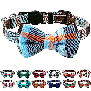 Joytale Updated Breakaway Cat Collar with Bow Tie and Bell, Cute Plaid Patterns, 1 Pack Girl Boy Kitty Safety Kitten Collars, Haze Blue