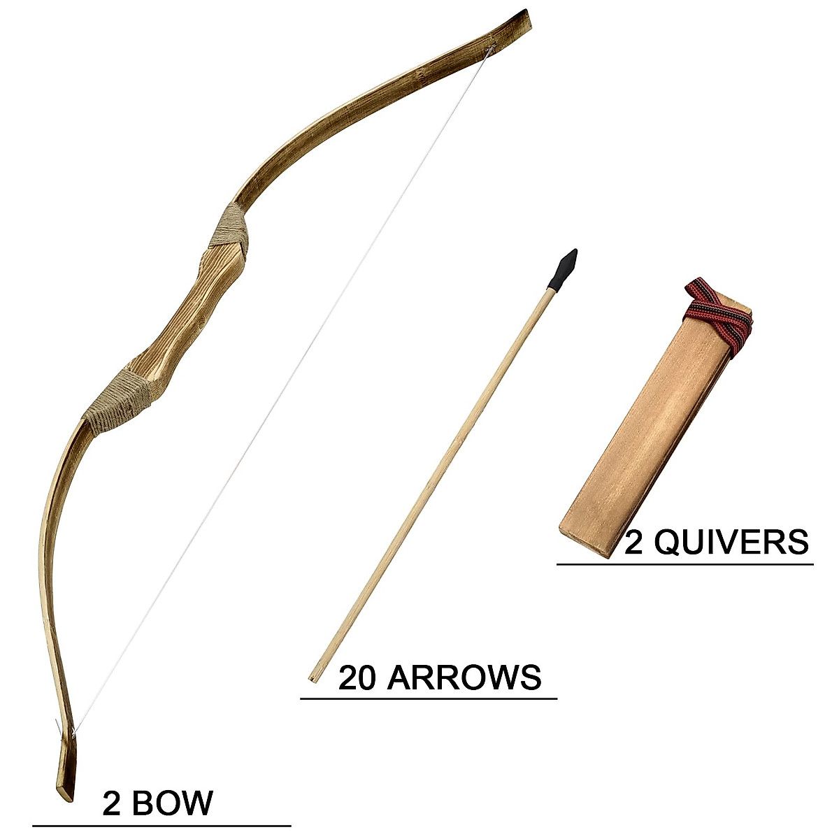 2 Pack Wooden Bow and Arrow Set for Kids, 2 Bows 2 Quivers and 20 Wood Arrows, 32 Inch Handmade Archery Set Outdoor and Indoor Games Toys, Gifts for Kids Youth Boys and Girls