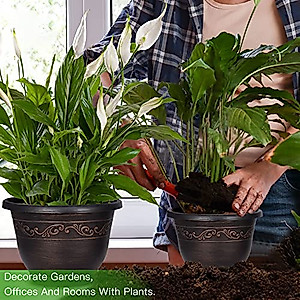 Plastic-Plant-Flower-Planters-10 Inch With Drainage Hole & Saucer, 3 Packs Lightweight Small Resin Flower Pot Indoor Outdoor, Retro Antique Imitation Decorative Garden Containers Sets For Houseplants