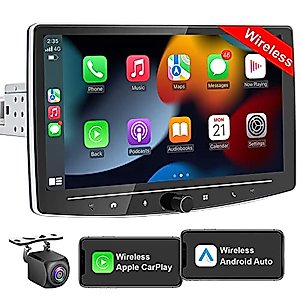 10 Inch Single Din Touchscreen Car Stereo with Wireless Carplay & Wireless Android Auto, Adjustable Android Car Radio with Live Rearview Backup Camera, Bluetooth AM/FM WiFi, GPS Navigation, 2+32G