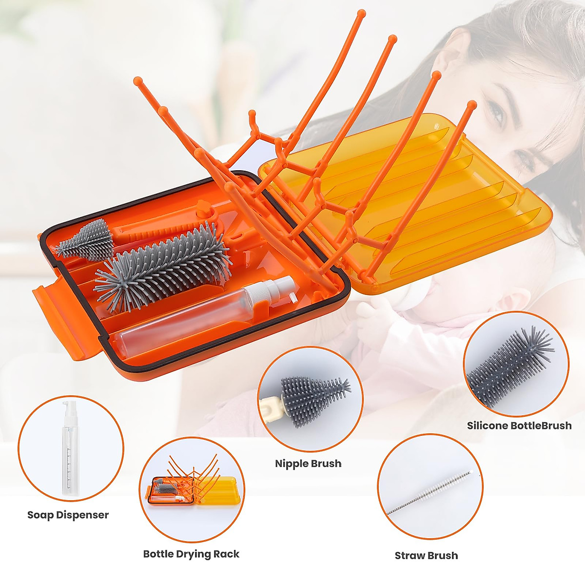 Rrwin Bottle Brush Cleaner Kit with Baby Bottle Drying Rack, Exendable Silicone Bottle Brush, Nipple Brush, Straw Brush, Soap Dispenser & Storage Box. Compact Size for Babies and Moms,Orange