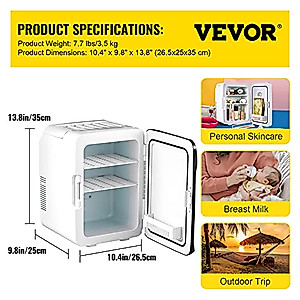 VEVOR Mini Fridge, 10 Liter Portable Cooler Warmer, AC/DC Skincare Fridge, Stylish Look Compact Refrigerator, Lightweight Beauty Fridge, for Bedroom Office Car Boat Dorm Skincare Cosmetic Medicine
