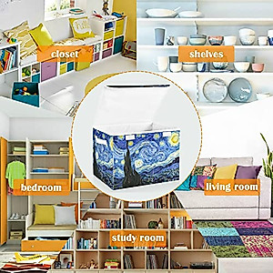 CaTaKu Large Fabric Storage Bins With Lids, Van Gogh The Starry Night Storage Boxes With Handles for Organizing Clothes, Collapsible Storage Cube Bins Baskets for Shelves