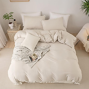 Bedbay Boho California King Comforter Set Beige Comforter 3 Piece Farmhouse Boho Bedding Sets Cute Ball Fringe Luxury Bedding Ultra Soft Microfiber Lightweight Comforter Set(Beige,Cal King)