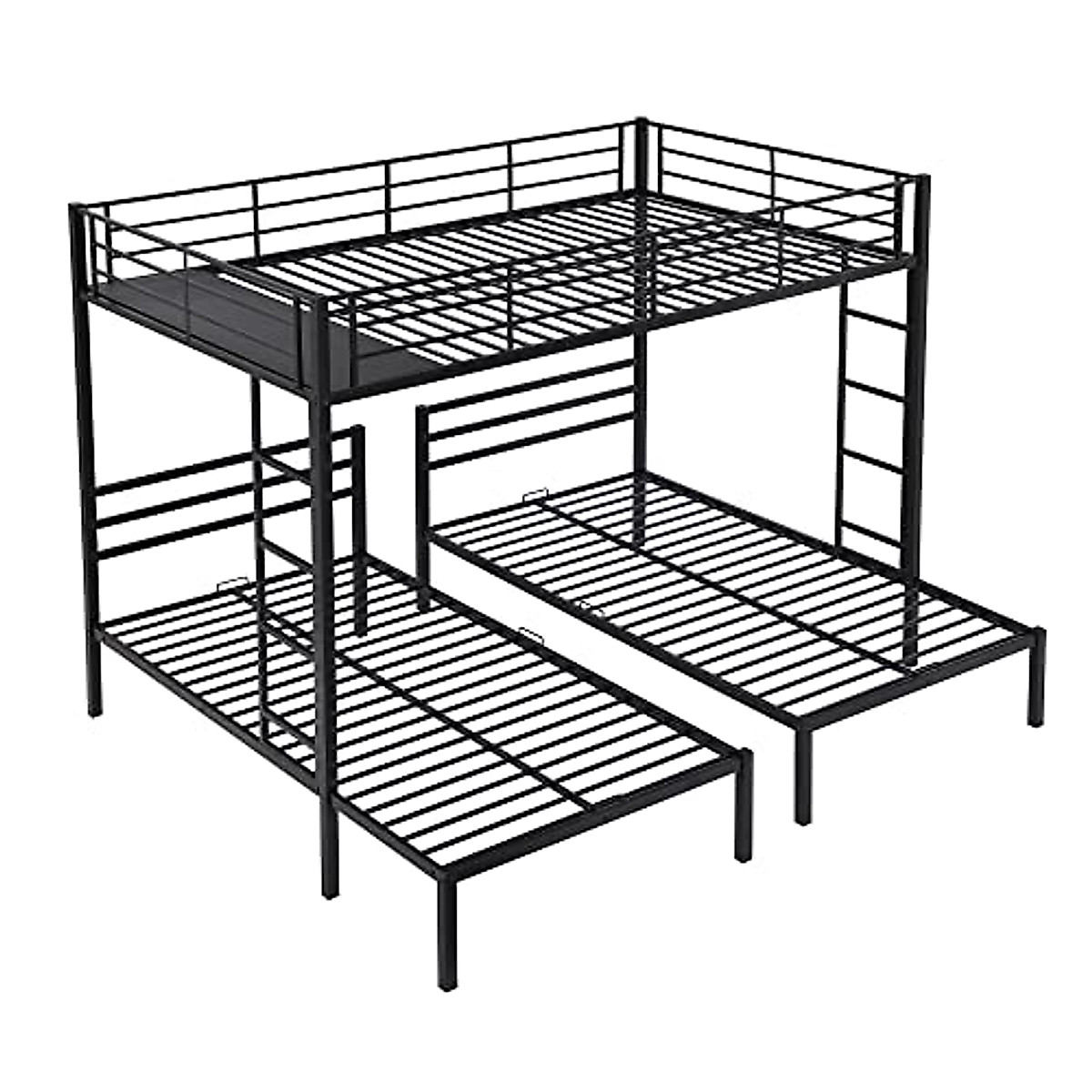 DEYOBED Full Over Twin & Twin Metal L-Shaped Triple Bed Bunk Bed with Shelf and Dual Ladders - Functional and Stylish Sleep Arrangement for Kids, Teens, Adults