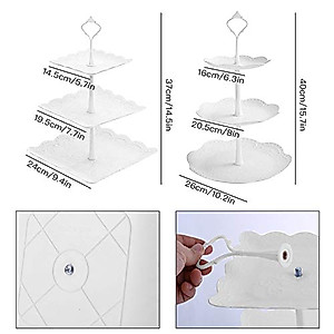 Cupcake Stand,2 Set of 3-Tier Dessert Plates Mini Cakes Fruit Candy Display Tower Cookie Tray Rack Candy Buffet Holder Plastic Cake Stand for Wedding Home Holiday Birthday Christmas (Round Square)