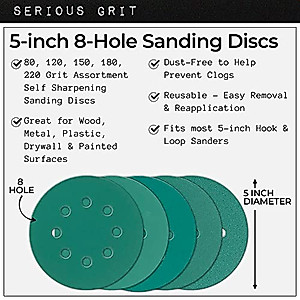 Serious Grit - 5-Inch 8-Hole Sanding Discs Assortment - 80, 120, 150, 180, 220 Grit (10 of Each) - Heavy-Duty Hook & Loop Film Discs - Sandpaper for Random Orbital Sanders - 50 Pack Box