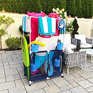 Essentially Yours Pool Equipment Holder with Towel Drying Bars, Mesh Rolling Pool Storage Organizer Bin, Extra Large with Towel Hanger, (34.5" W x 25" L x 62.6" H), Blue/White Style 418566