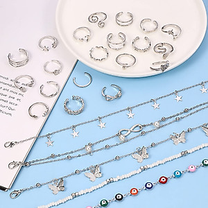 JOERICA 25 Pcs Toe Rings and Ankle Bracelets for Women Evil Eye Butterfly Anklets Open Adjustable Snake Flower Heart Toe Rings for Summer Beach Foot Jewelry