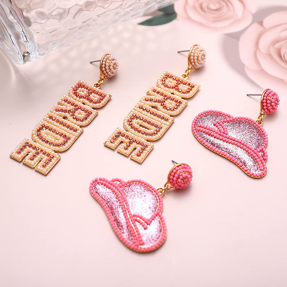 Bride and Mrs Earrings Set Rhinestone Bride Cowboy Hat Beaded Wedding Earrings Handmade Statement Mrs Dangle Earrings for Women (BRIDE&Hat pink rhinestone)