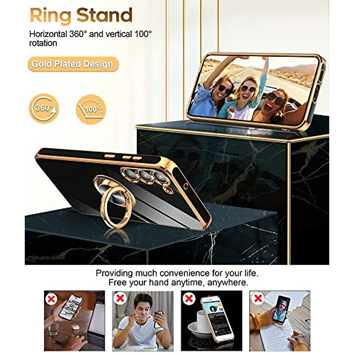 LeYi for Samsung Galaxy S23 Case 360° Rotatable Ring Holder Magnetic Kickstand, Plating Rose Gold Edge Protective Case, Black