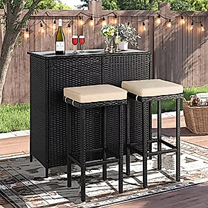 Crownland 3-Piece Wicker Patio Outdoor Bar Set, 2 Stools and 1 Glass Top Table, Outdoor Bistro Set, Brown Wicker Bar Table, Outdoor Furniture Set for Deck, Lawn, Backyard