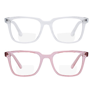 Yogo Vision 2 Pack Bifocal Reading Glasses Readers for Men Women Anti Glare Lightweight Eyeglasses Transparent Clear/Transparent Pink 1.5