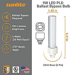 Sunlite 88292-SU LED PLD Horizontal Plug in Light Bulb 950 Lumens, 9 Watts (26W Equivalent), 2 Pin (G24D) Base, Ballast Bypass CFL Replacement, UL Listed, 1 Count (Pack of 1), 3000K-Warm White