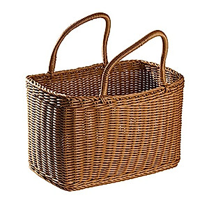 SEWACC Woven Basket with Handle Rattan Tote Basket Household Storage Basket Grocery Shopping Basket Bathroom Dirty Clothes Basket Flower Packing Basket