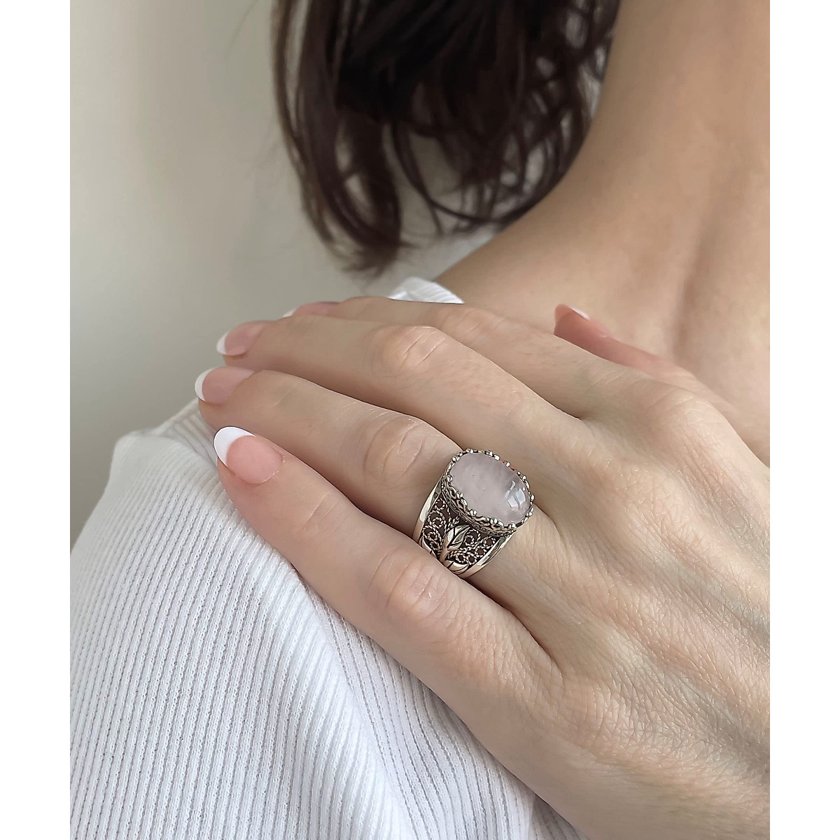 Filigranist 925 Sterling Silver Filigree Art Lace Embroidery Tulip Detailed Women Cocktail Ring with Rose Quartz Gemstone, Luxurious Gift Packed (Rose Quartz, 8)