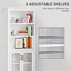 HOMCOM 71" Bookcase Storage Hutch Cabinet with Adjustable Shelves and Glass Doors for Home Office, Kitchen, Living Room, White