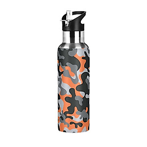 WELLDAY Water Bottle Orange Camouflage Double Wall Vacuum Insulated Flask Stainless Steel with Straw Lid 32oz