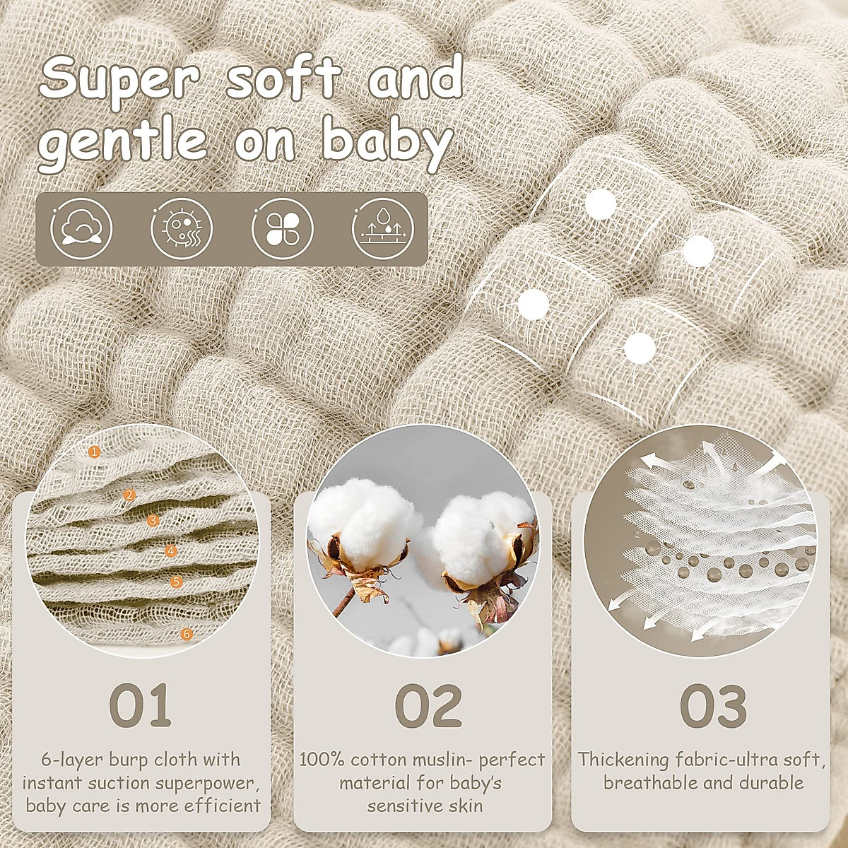 Looxii 100% Cotton Muslin Burp Cloths Large 20''x10'' Extra Soft and Absorbent 6 Pack Baby Burping Cloth for Boys and Girls (Apricot)