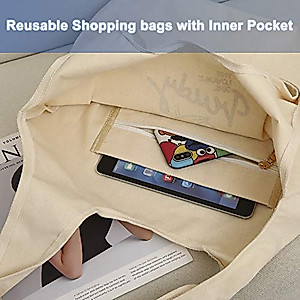 CGBE Canvas Tote Bags with Inner Pocket Reusable Grocery Bags Bulk Reusable Shopping Bags Large Capacity Machine Washable