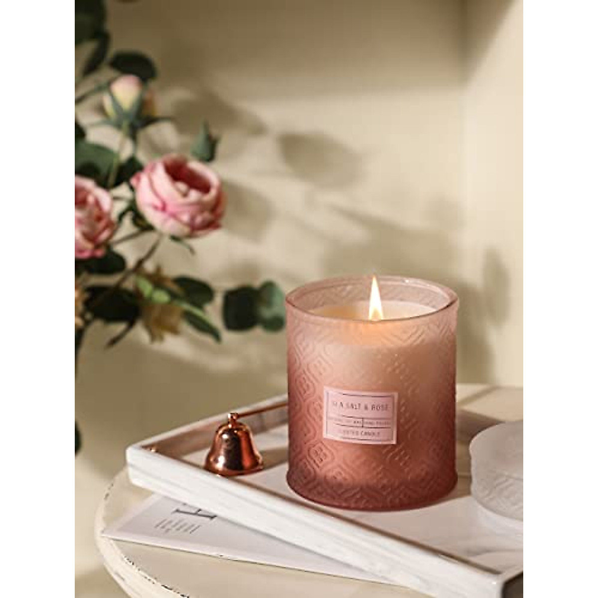 Valentine's Day Sea Salt & Rose Scented Candle Large Jar Candle for Home 19oz Gift Candle for Women Men Wooden Wick