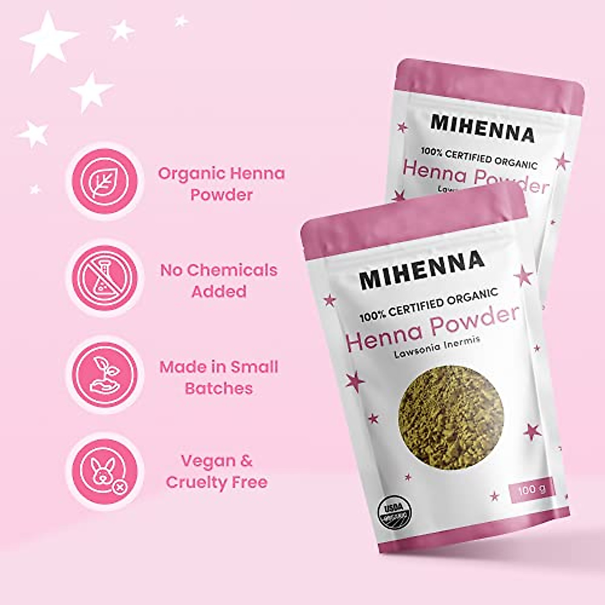 Mihenna Henna Powder for Hair | Organic USDA Certified | Pure |Long-Lasting | 100 grams