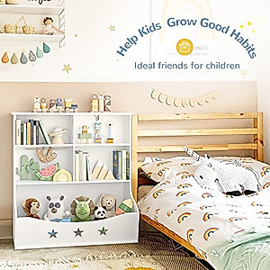 Curipeer Kids Bookshelf, 3-Shelf Storage Bookcase,Large Wooden Open Book Shelf with 5 Cube Units, Star Pattern Toy Organizer and Storage Cabinet for Playing Room, Nursery, Baby's Bedroom, White