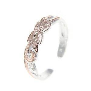 Arthur's Jewelry 925 sterling silver 2 tone pink rose gold plated Hawaiian plumeria flower scroll 4mm cut out open toe ring