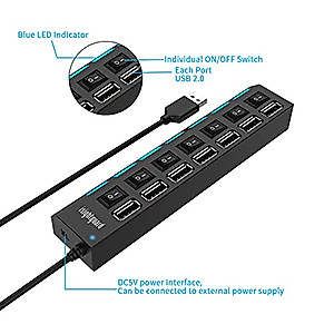 Multi Port USB Splitter, 7 in 1 USB Port 2.0 Hub with High Speed Individual ON/Off Switches and LEDs USB Port Expander (7-Port USB)