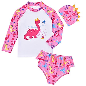 Baby Toddler Girls Swimsuit Set Dinosaur Swimming Rash Guard with Hat Two Pieces Trunk Long Sleeve Swimwear Set Printed Quick Dry UV Protection Dino Beachwear Outfit(pink, 4T)