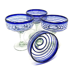 Mexican Hand Blown Glass – Set of 4 Hand Blown Margarita Glasses (16 oz) with Blue Spiral Design