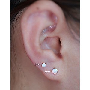 Limerencia G23 Hypoallergenic 18g Flat Back Stud Earrings | F136 Implant Grade Titanium Press Fit Threadless Push Pop in Cartilage Helix Labret Lip Monroe Tragus Piercing Studs (4mm White Opal Silver)