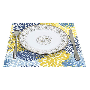 My Daily Dahlia Floral Square Placemats Set of 4, Blue Yellow Flowers Heat Resistant Washable Table Place Mats for Dining Kitchen