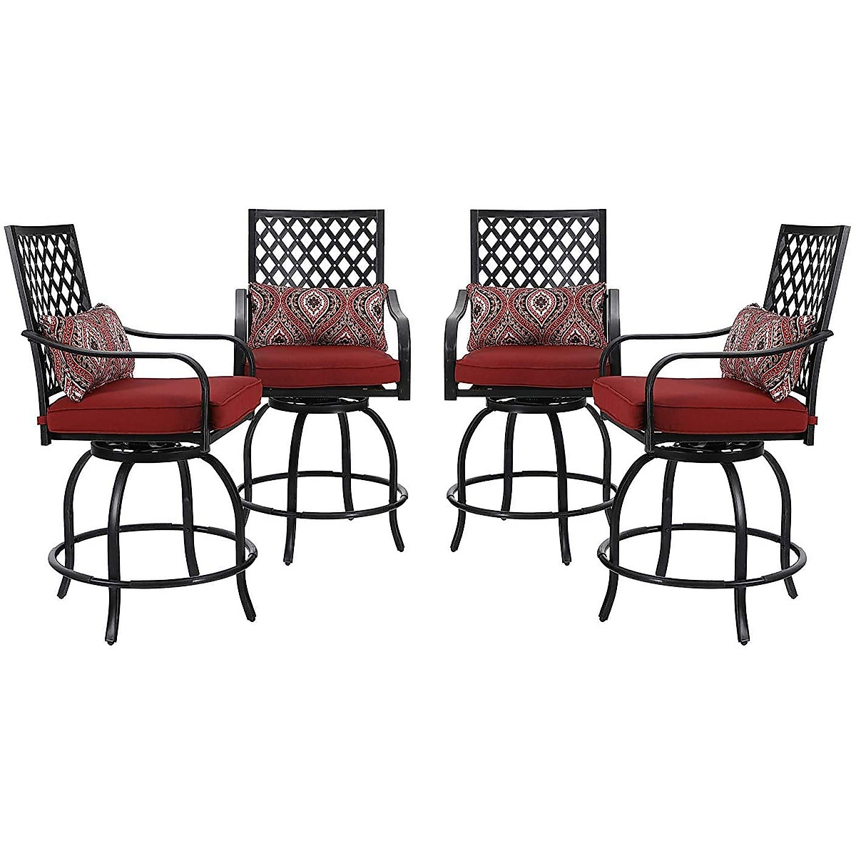 MFSTUDIO 4 PCS Outdoor Swivel Bar Stool, Patio Counter Height Bar Chair with Cushion and Armrest, Red