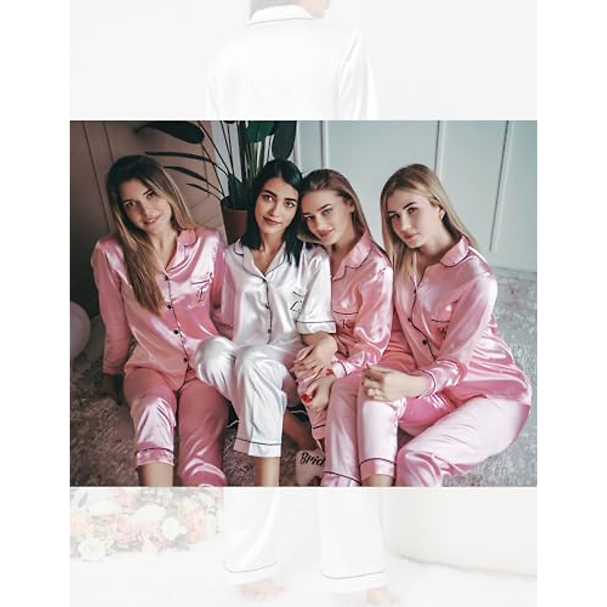 LecGee Couples Matching Pajamas Set Button Down Sleepwear Long Sleeve Loungewear Silky Satin 2 Piece Pjs Men/Women Pink Large