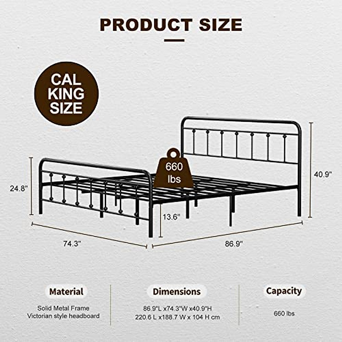 AOVSA 14 Inch California King Bed Frame with Headboard & Footboard, Heavy Duty Metal Platform Bed Frame, Mattress Foundation, Noise Free, Easy Assembly, No Box Spring Needed - Black/Cal King