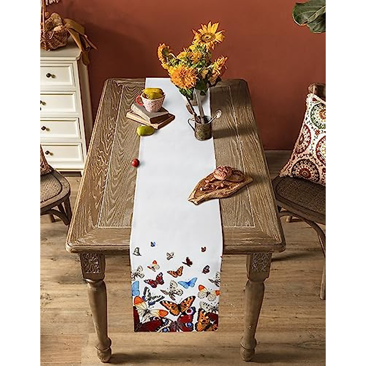 Red Orange Blue Butterfly Table Runner 120 Inches Long Farmhouse Dress Scarves, Modern Abstract Art Aesthetics Dining Tablerunner for Coffee Table/Kitchen Island/Party Décor, 13" x 120"