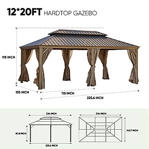 URTR Gazebo 12x20 FT, Outdoor Gazebo with Double Galvanized Steel Hardtop Roof, Permanent Hardtop Gazebo with Netting and Curtains, Patio Gazebo Pergola Pavilion for Gardens, Backyard Deck, Lawns