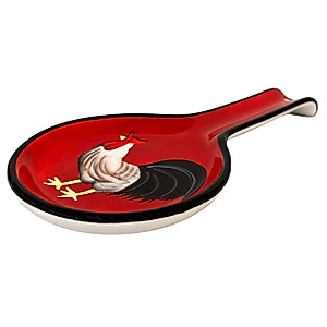 ACK Tuscany Roamer Rooster Hand Painted Ceramic Spoon Rest, Cooking Spoon Holder for Kitchen Counter, Utensil Rest for Spoon, Ladle, Spatula, Kitchen Decor