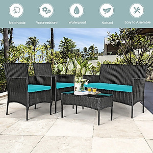 4 PCS Patio Furniture Set Rattan Sofa & Chairs Set Turquoise