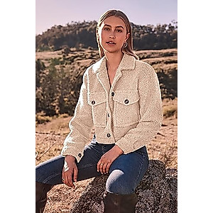 PRETTYGARDEN Womens Fall Clothes Sherpa Shacket Jacket Fuzzy Lapel Button Down Cropped Coat Winter Outerwear (Beige,Large)