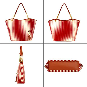 Womens Canvas Handbag Tassel Stripes Purse Tote Fashion Shoulder Bag Large Capacity, Red and White