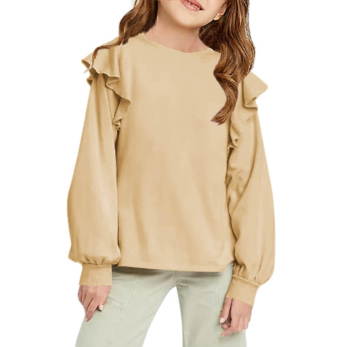 Zwurew Long Sleeve Girls Shirts Crewneck Sweatshirts Ruffle Tops Khaki Spring Clothes Shirts for Girls 9-10 Years